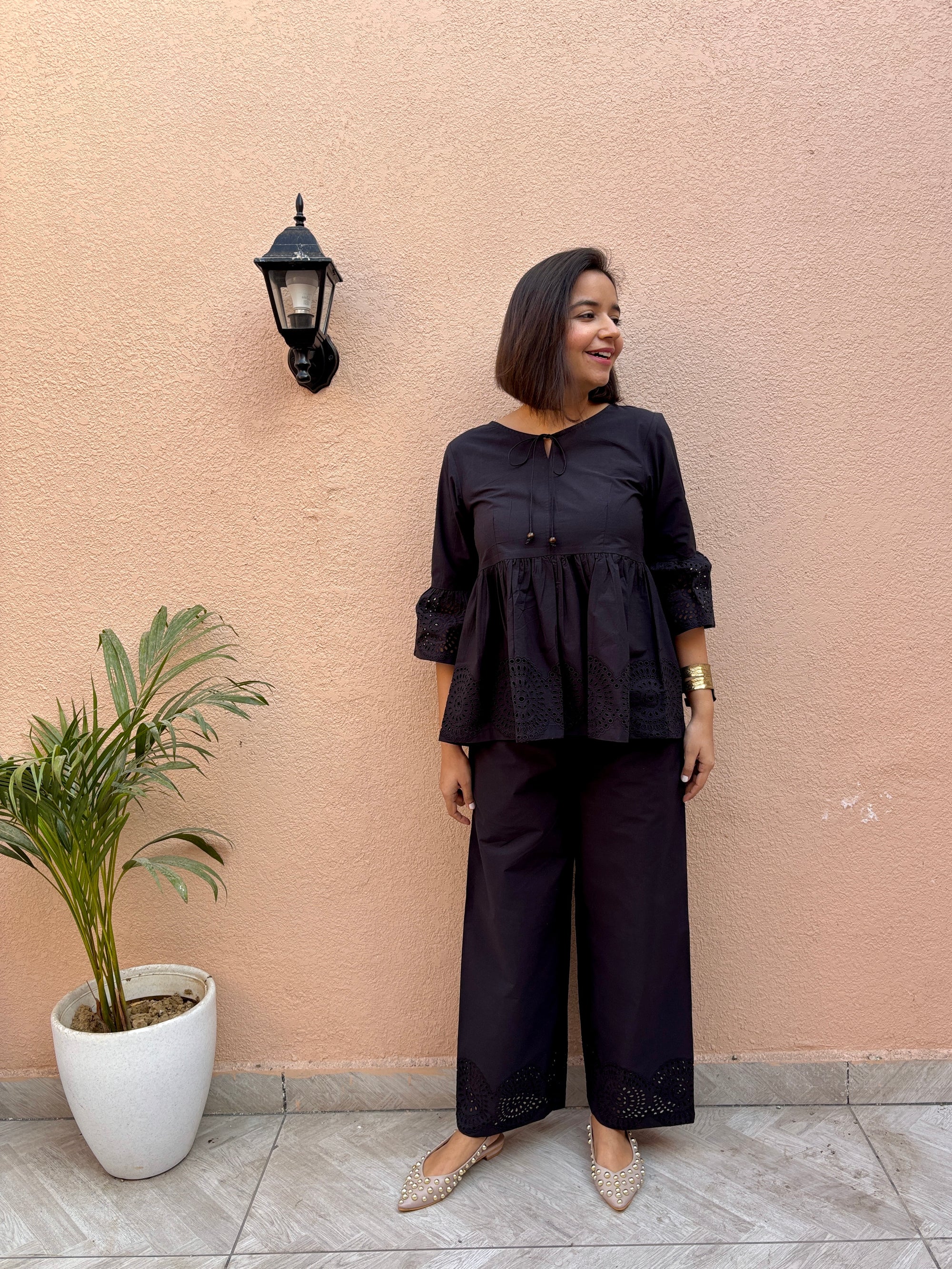 Black Cotton Schiffli Co-ord Set